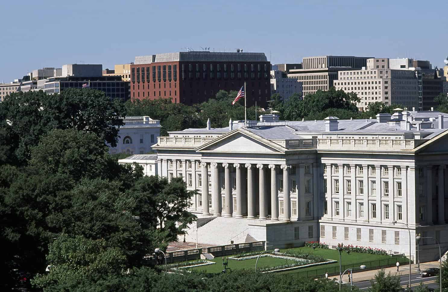 An aerial view of Washington, D.C., focusing on the U.S. Treasury ...